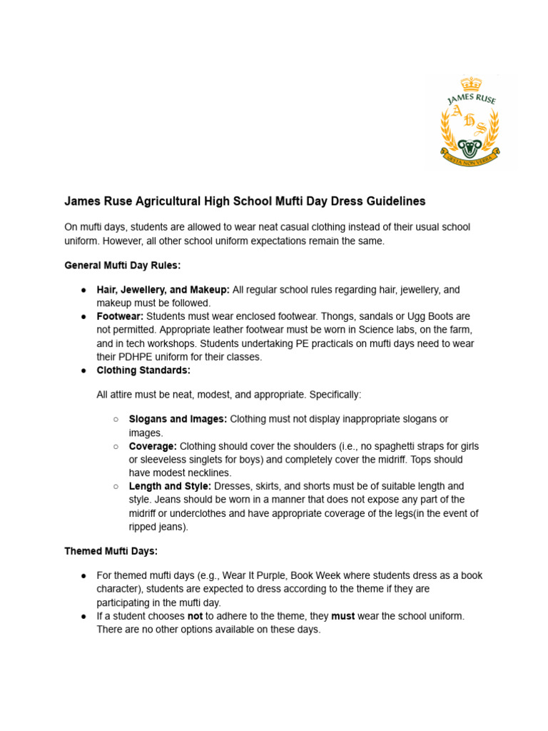 James Ruse Agricultural High School Mufti Day Dress Guidelines (2) | PDF