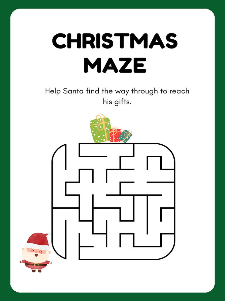 Christmas Maze Puzzle Kindergarten Worksheet in Green Cute Fun Style | PDF