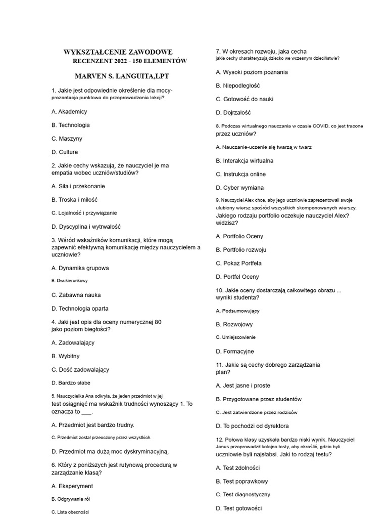 Edukacja Zawodowa Let Reviewer 2022 | PDF