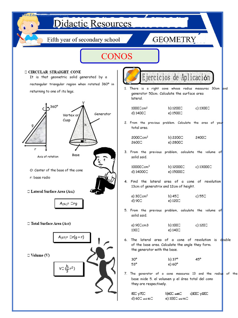 Exercises On Cones For Fifth Year of Secondary School | PDF | Area ...