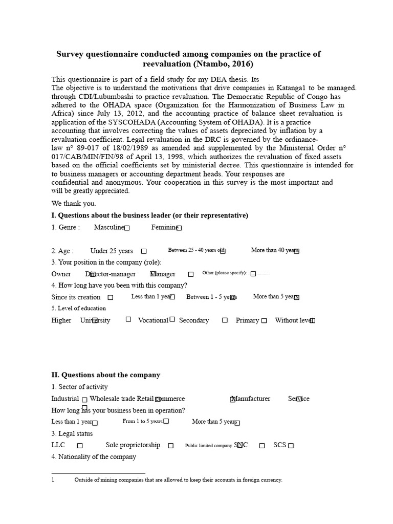 Example of A Questionnaire | PDF | Accounting | Economies