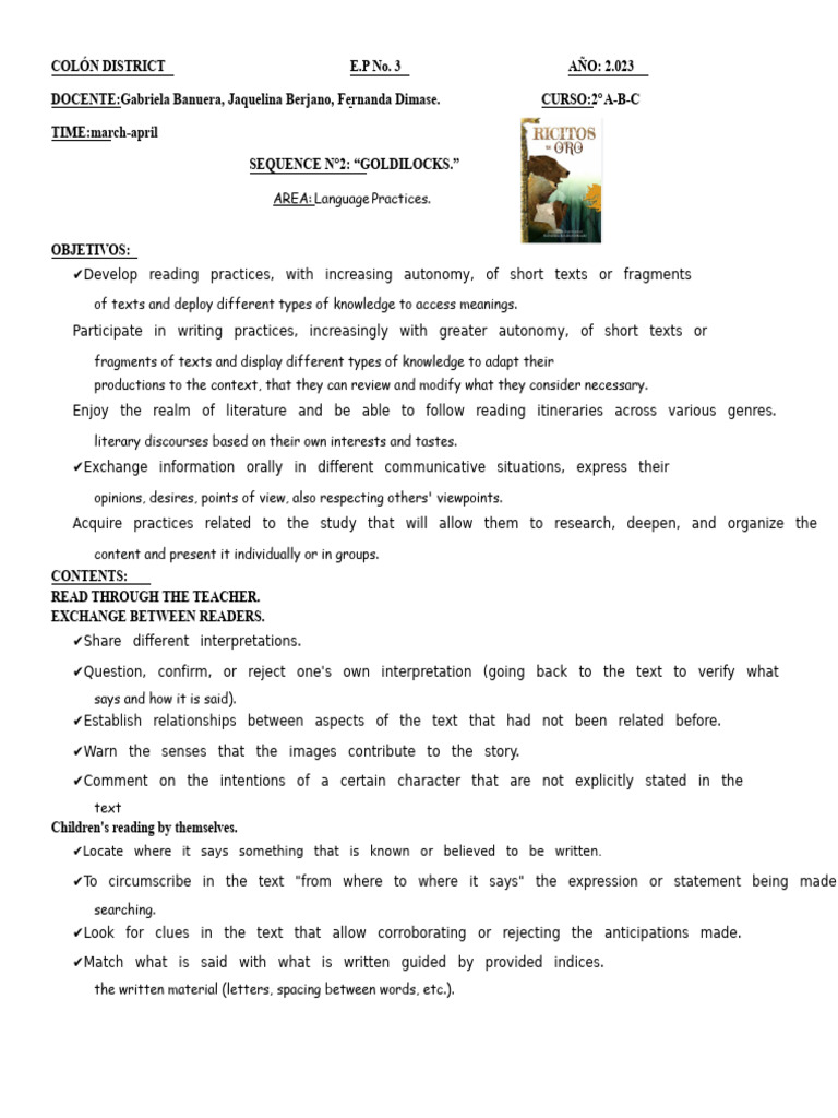 SEQUENCE No. 1 - GOLDILOCKS - 2nd GRADE A-B-C | PDF | Goldilocks And ...