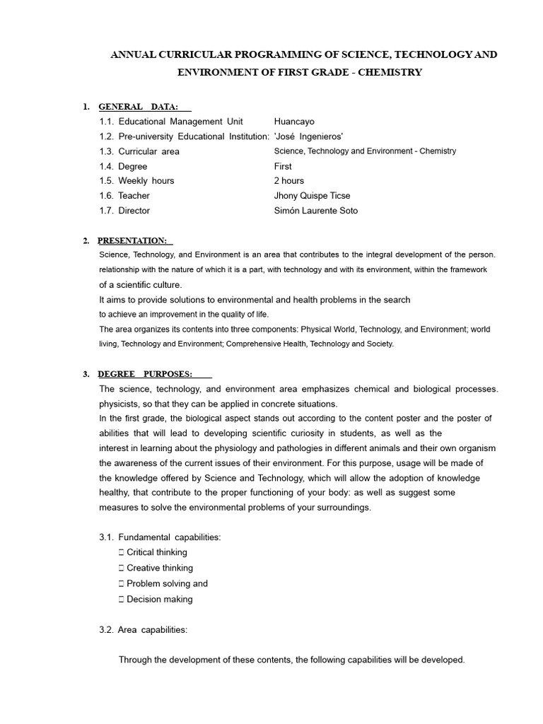 Annual Curriculum Programming Chemistry 1st | PDF | Science | Curriculum