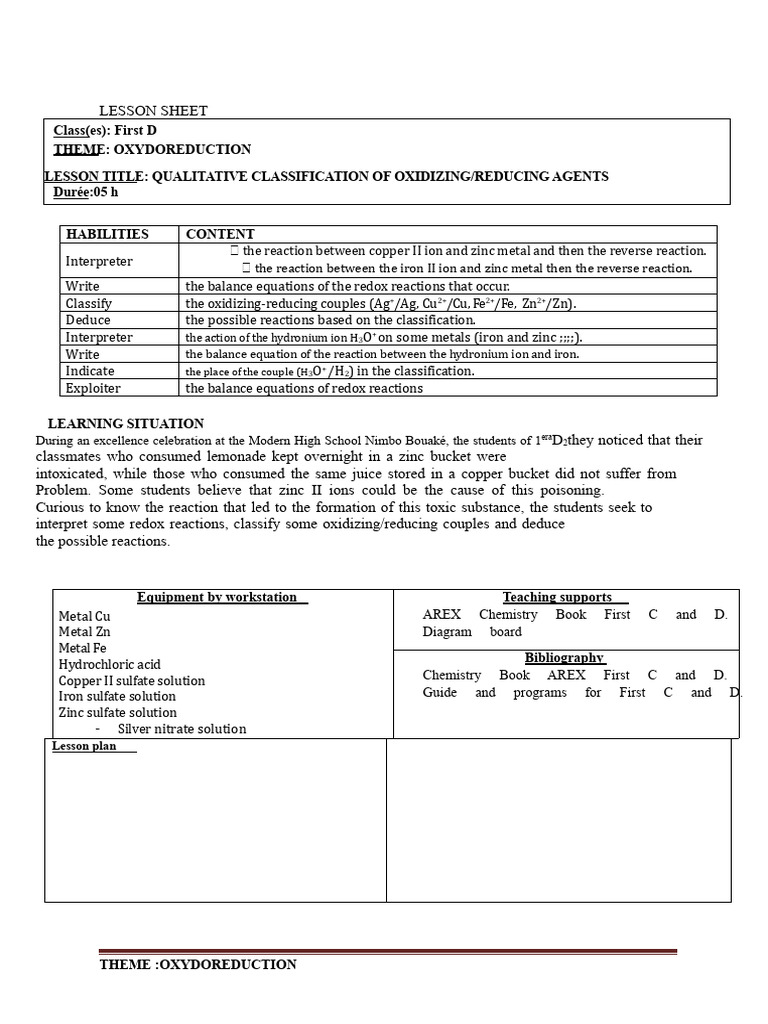 Lesson 2 Classification Oxidizing Agent Reducing Agent | PDF | Redox ...