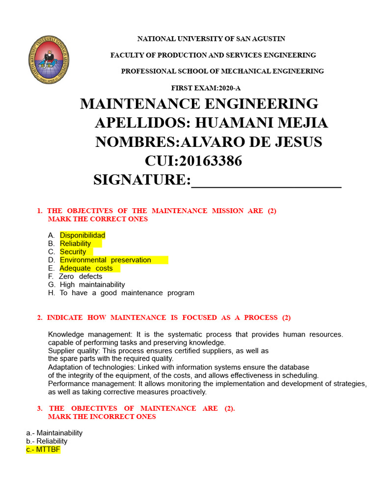 First Maintenance Engineering Exam, Questions | PDF | Reliability ...