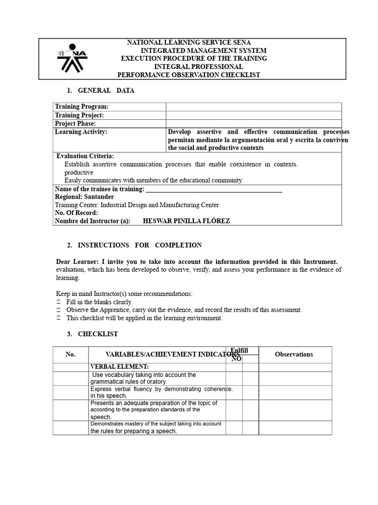 Performance Observation Checklist | PDF | Nonverbal Communication | Speech