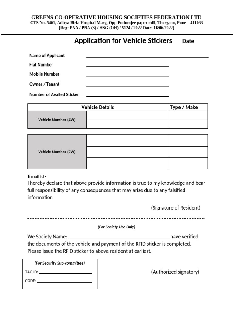 RFID Application for Vehicle Sticker Greens Co-OP HSG Federation | PDF