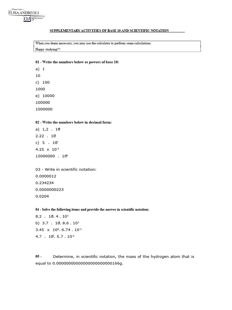 Complementary Activities On Base 10 and Scientific Notation | PDF ...