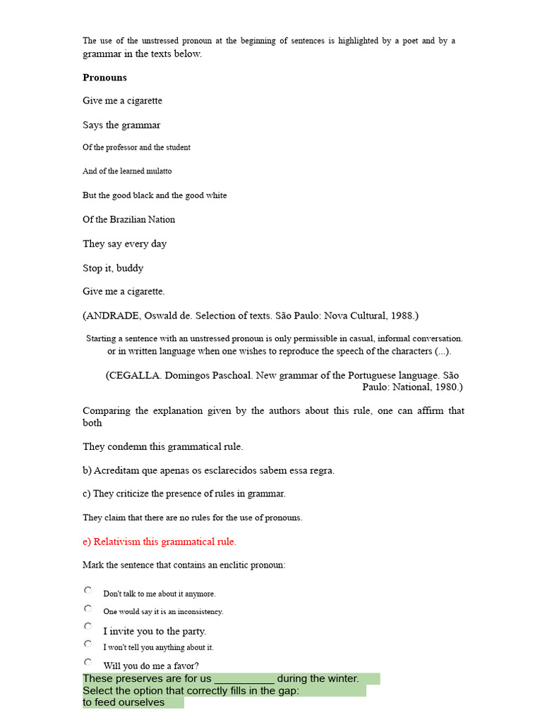 The Use of The Atonic Pronoun at The Beginning of Sentences Is ...