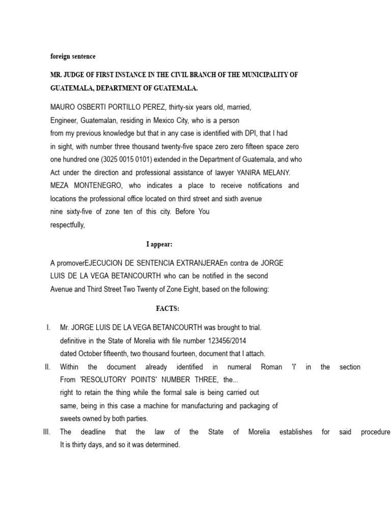 Memorandums of Execution of Foreign Sentence, Obligation To Give, Do ...