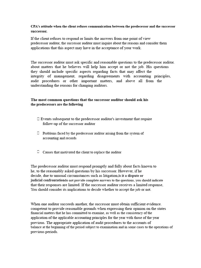 Successor Auditor's Steps with Limited Predecessor Communication | PDF ...