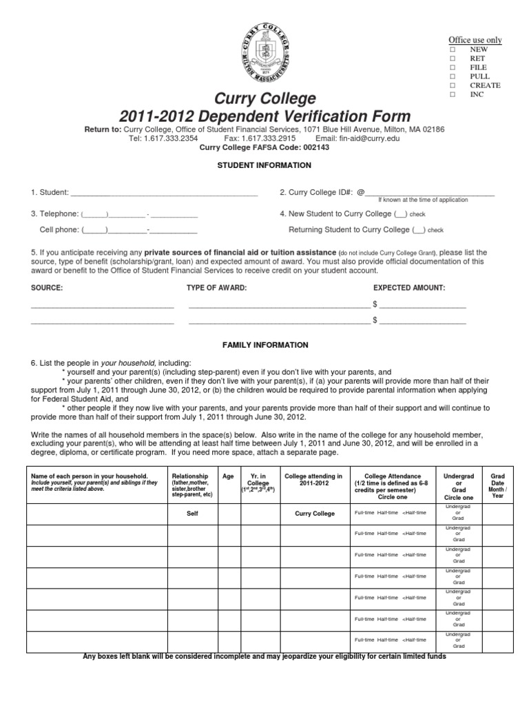 2011-2012 Dependent Verification Form | PDF | Irs Tax Forms ...