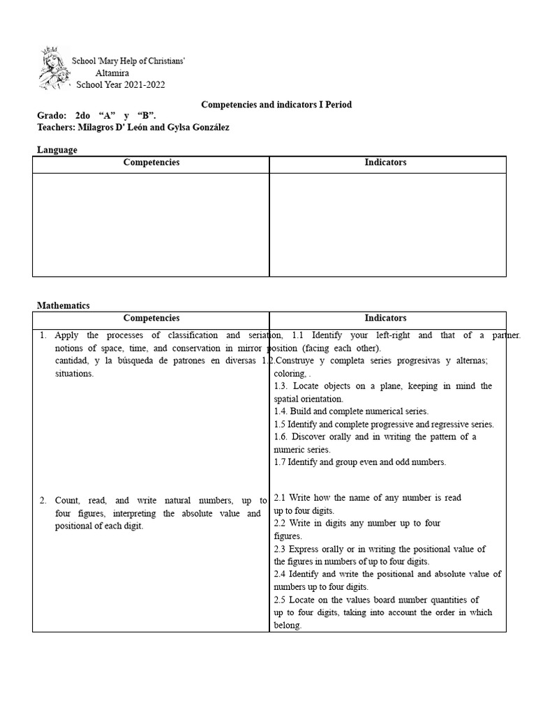 Second Grade Competencies and Indicators I Term 2020-2021 | PDF ...