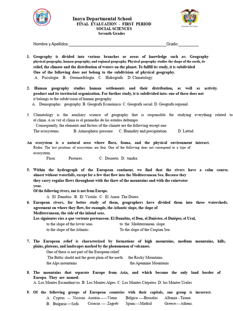 Evaluation of Social Studies Grade 7 | PDF | Geography | Europe