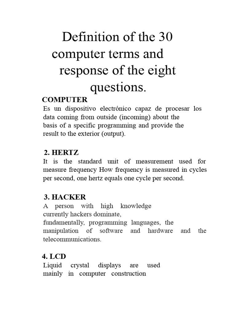 Definition of The 30 Computer Terms and Answers To The Eight Questions ...