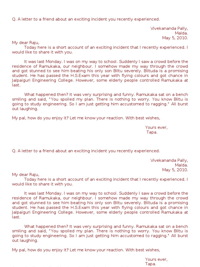 Letter To A Friend About An Exciting Incident | PDF