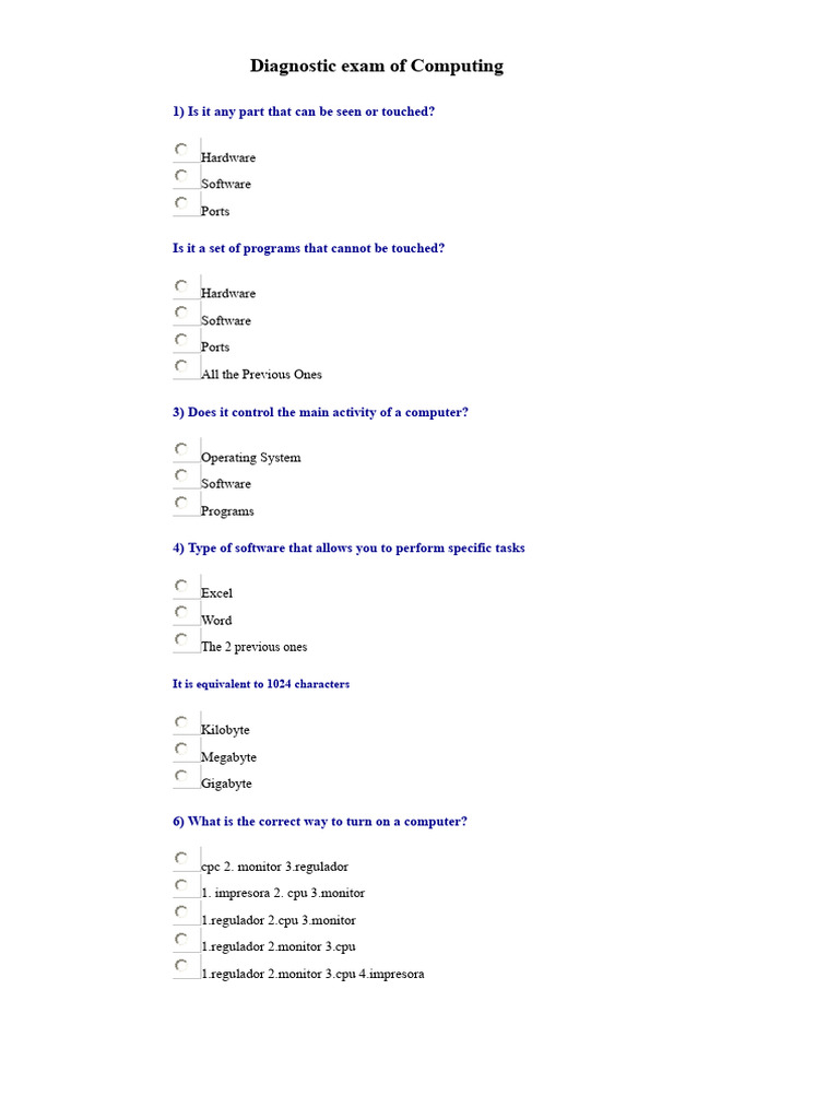 Computing Diagnostic Exam Questions | PDF | Microsoft Word | Operating ...