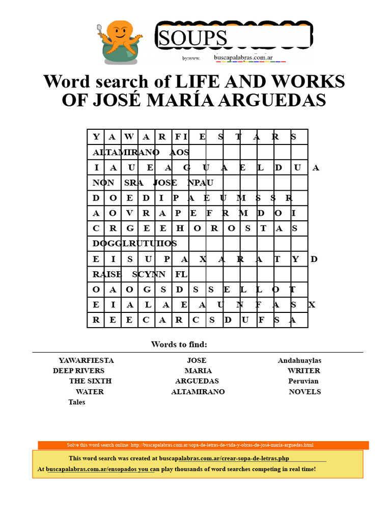 Word Search Puzzle of The Life and Works of José María Arguedas | PDF