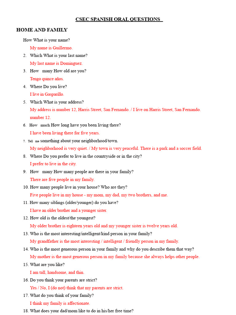 Csec Spanish Oral Questions & Model Answers | PDF | Grocery Store ...