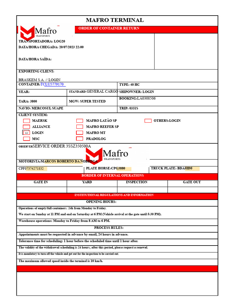 Return Order - Mafro Terminal - Marcos Roberto | PDF