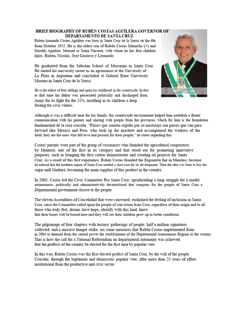 Biography of Rubén Costas Aguilera Governor of The Department of Santa ...