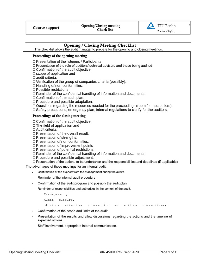Opening-Closing Meeting Checklist | PDF | Audit | Internal Audit