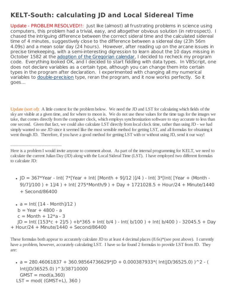 Calculating JD and Local Sidereal Time | PDF | Variable (Computer ...