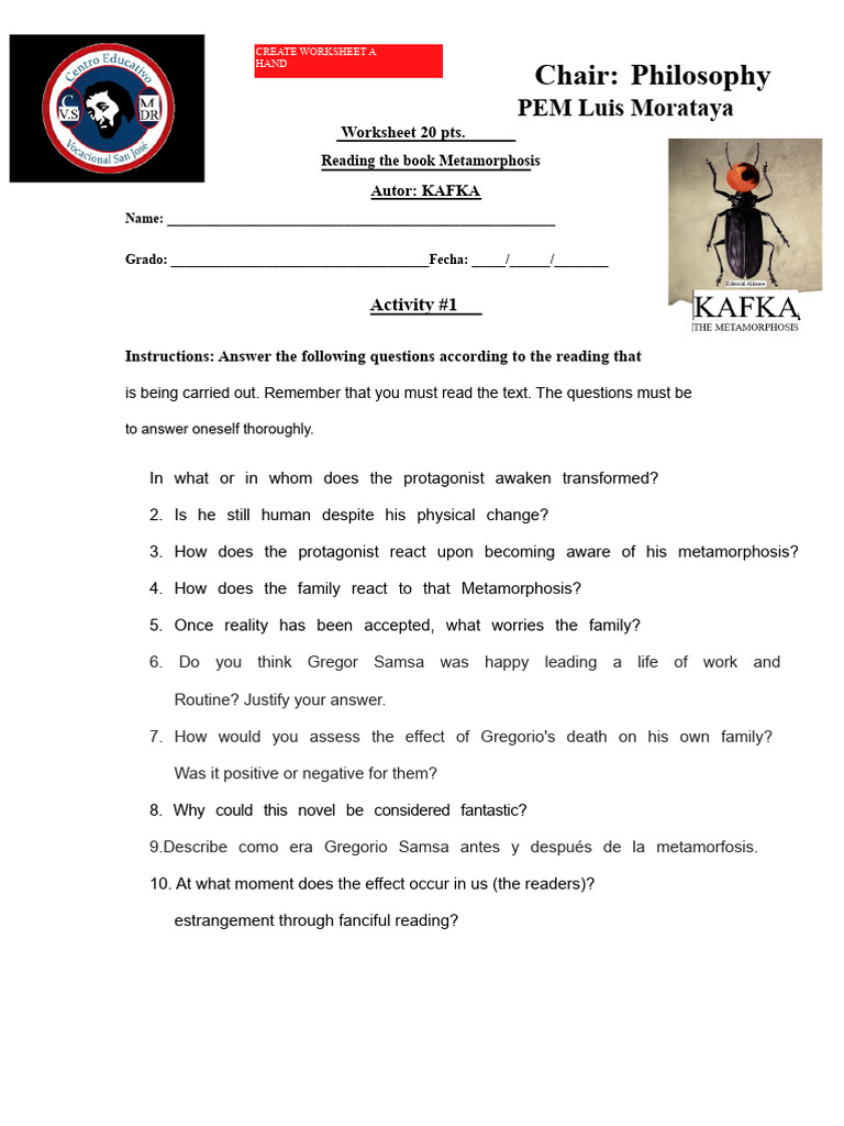 Metamorphosis Worksheet KAFKA | PDF | The Metamorphosis