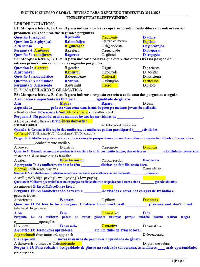 Revisão de Igualdade de Gênero - Inglês 10 | PDF | Vietnã | Unicef