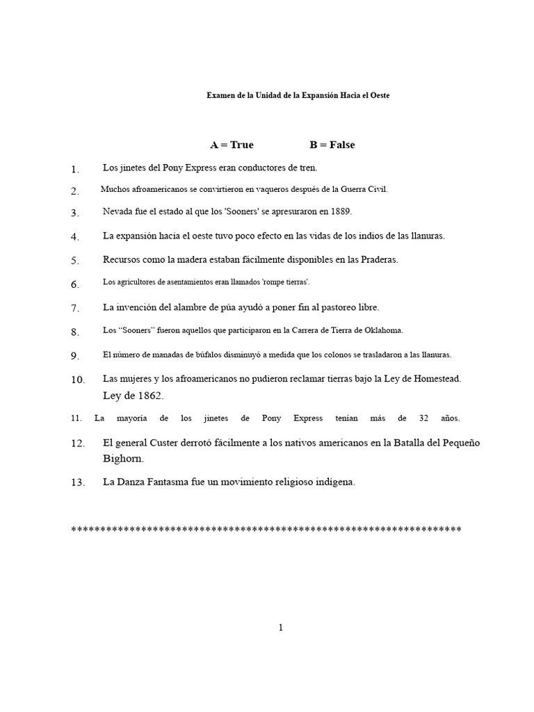Prueba de Unidad Sobre La Expansión Hacia El Oeste | PDF | Primer ...