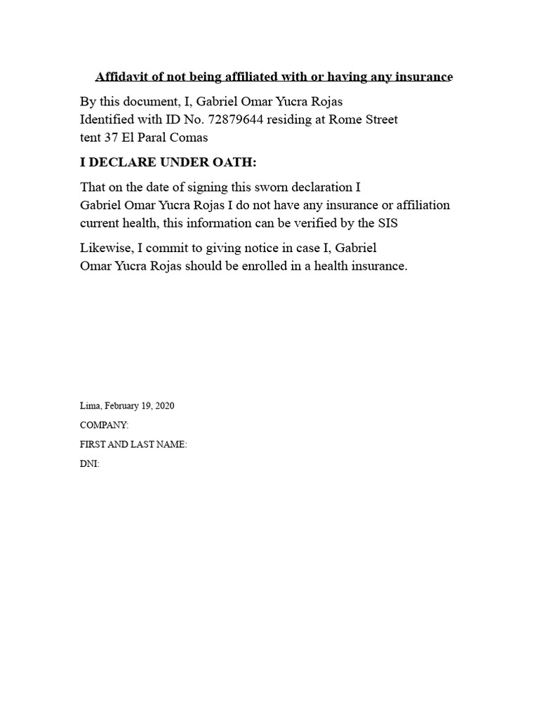 Affidavit of Not Being Affiliated or Possessing Any Insurance | PDF