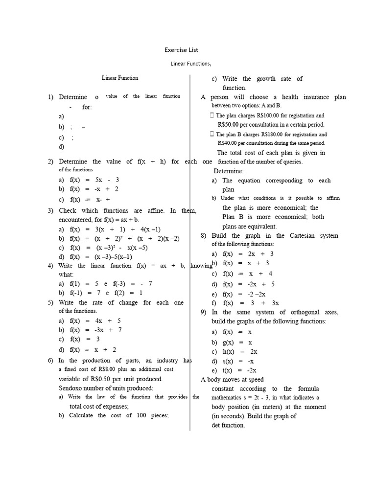 List of Exercises Linear and Quadratic Functions | PDF | Quadratic ...