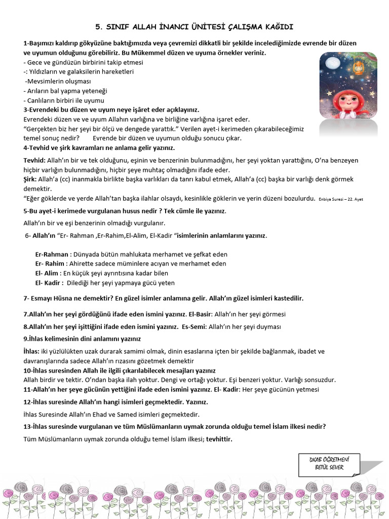 5. Sınıf Allah İnancı Ünitesi Çalışma Kağıdı | PDF