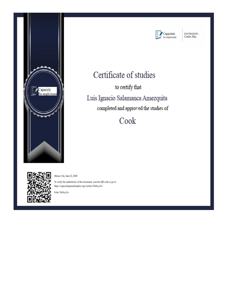 Cook Certification for Luis Salamanca | PDF