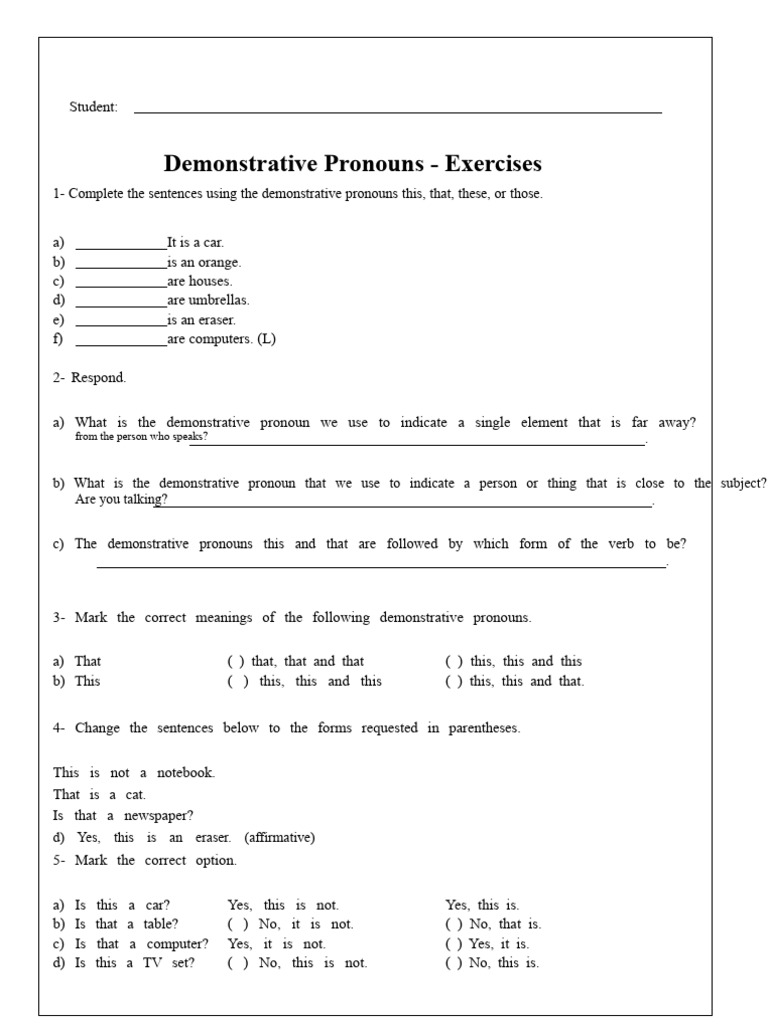 Demonstrative Pronouns Exercises Guide | PDF | English Language ...