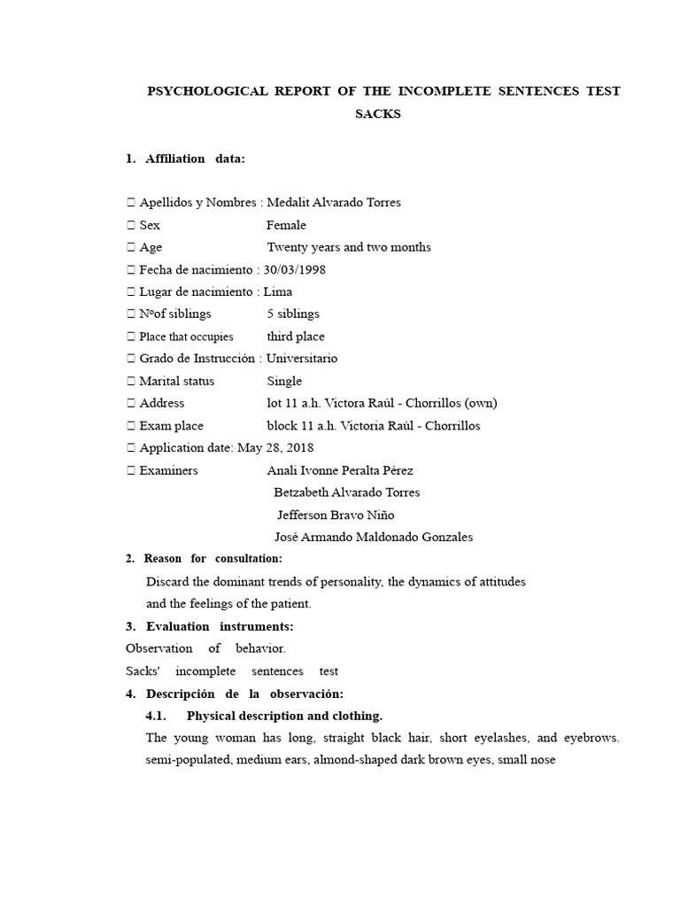 Psychological Report: Incomplete Sentences Test | PDF | Emotions ...