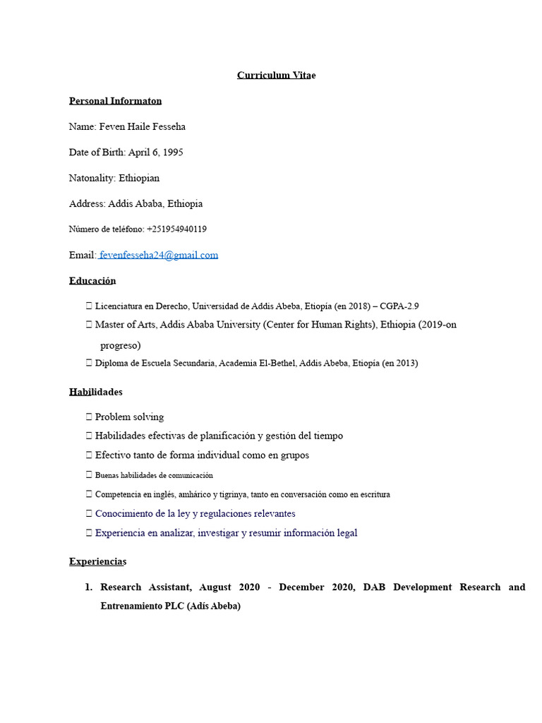 Currículum Vitae Feven | PDF | Etiopía | Justicia