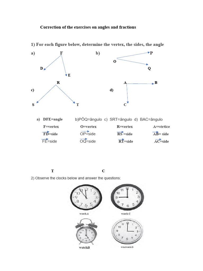 Angles and Fractions Exercises Correction | PDF | Angle | Elementary ...