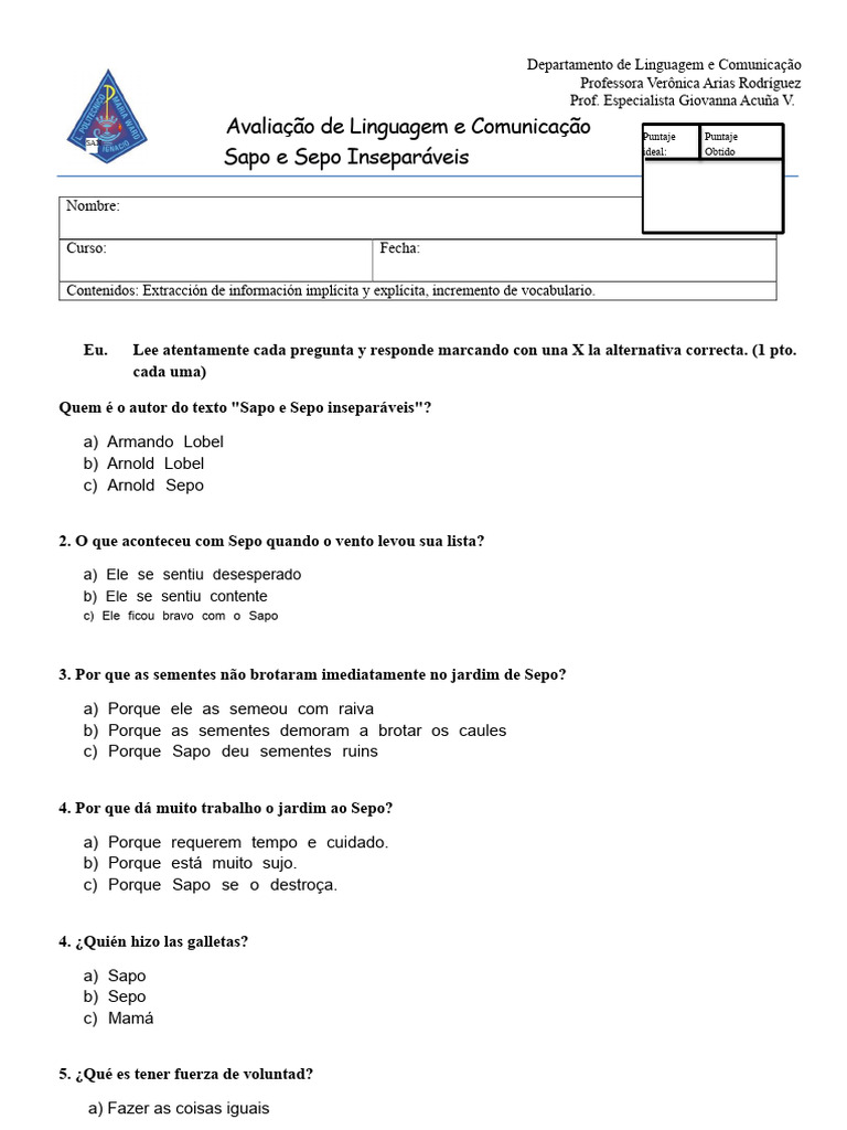 Avaliação Sapo e Sepo Inseparáveis | PDF