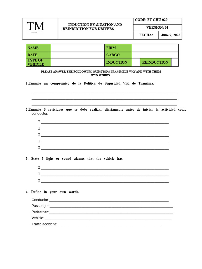 Driver Induction Evaluation Form | PDF | Traffic | Speed Limit