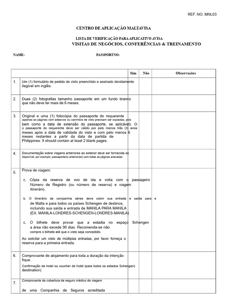 Checklist para Visto Malta: Negócios e Treinamento | PDF | Visto para ...