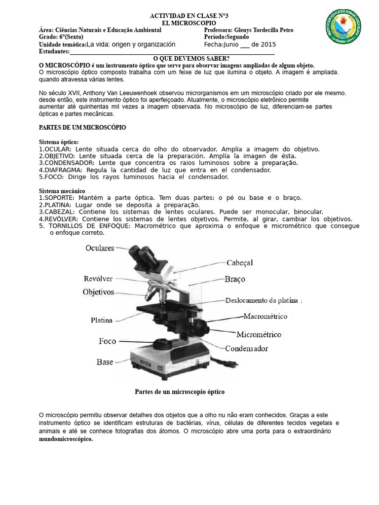 Atividade em sala N° 3 O Microscópio | PDF | Ótica | Microscópio