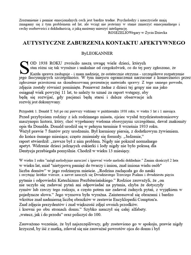 Autystyczne zaburzenia kontaktu afektywnego Kanner 1943 | PDF