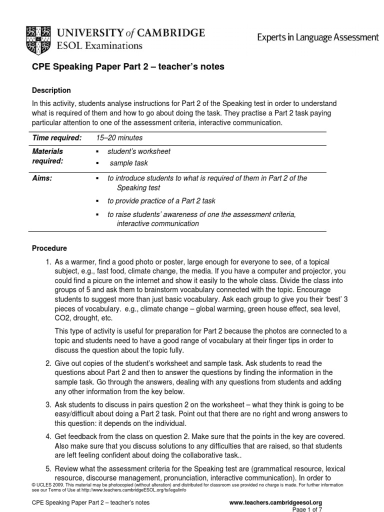 CPE Speaking Paper Part 2 | Educational Assessment | Semiotics