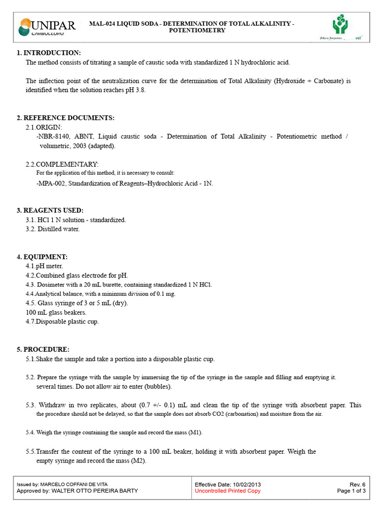 Mal-024 Liquid Soda - Determination of Total Alkalinity - Potentiometry ...