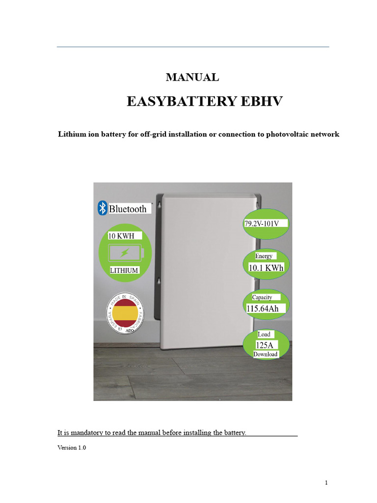 Easy Battery EBHV 10 KW 1.0 Manual | PDF | Lithium Ion Battery ...