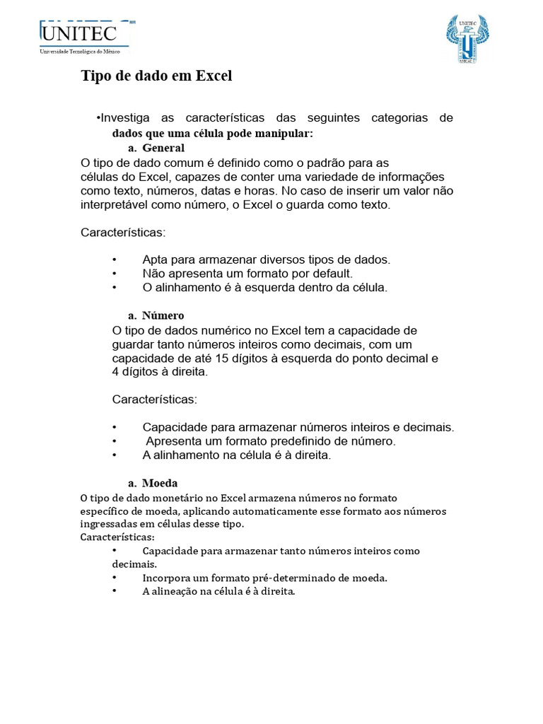 PrÁtica Tipos De Dados No Excel Pdf Decimal Tipo De Dados 3721