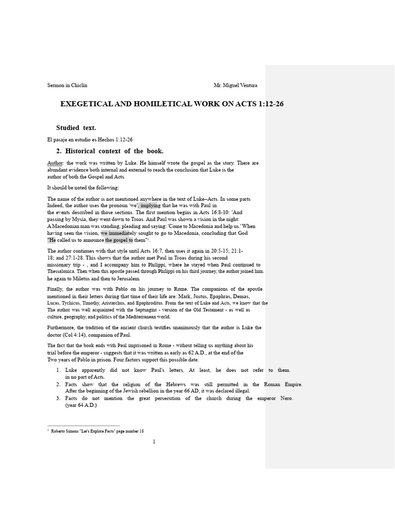 Homiletic Outline Acts One From 12-26 Miguel Ventura | PDF | Acts Of ...