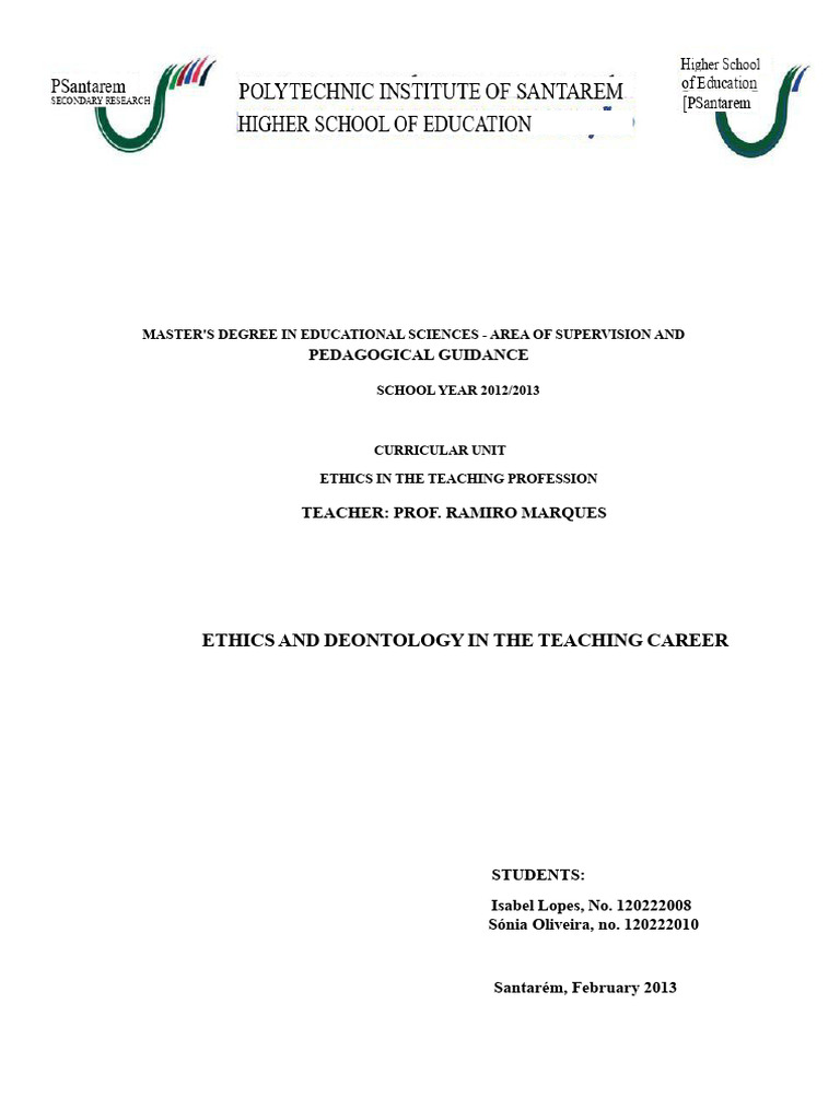 Ethics and Deontology in the Teaching Career | PDF | Immanuel Kant | Virtue