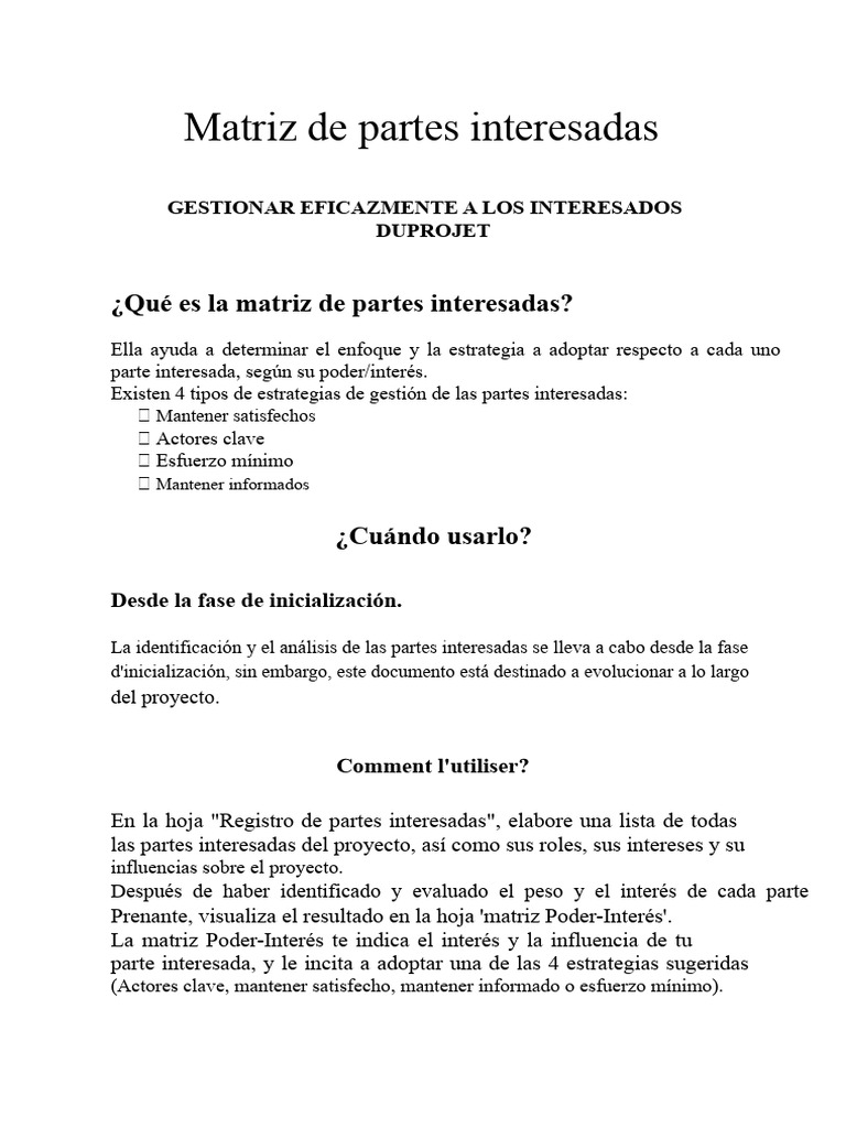 Matriz de Gestión de Interesados en Proyectos | PDF